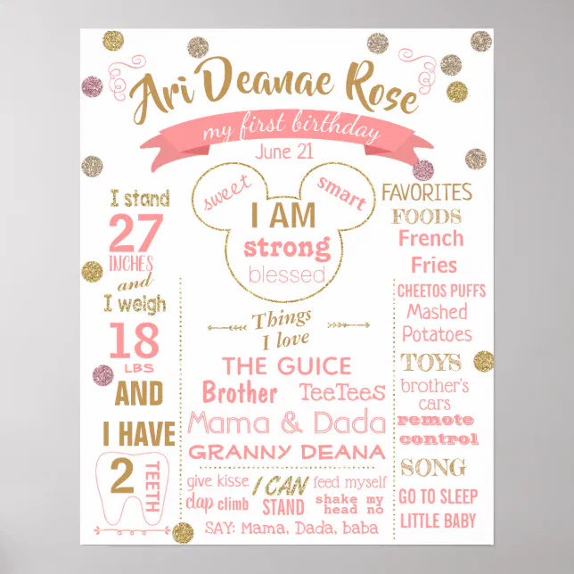 First Birthday Party sign poster for girl | Zazzle