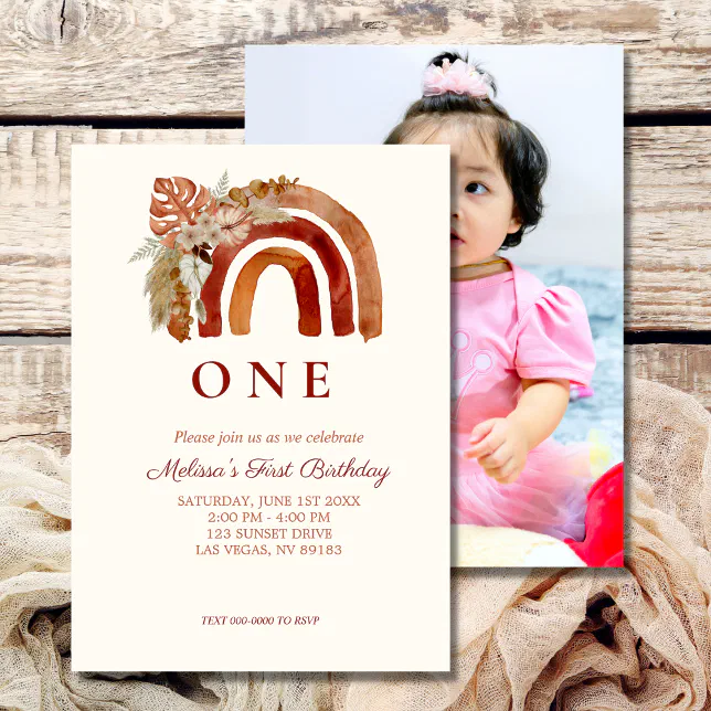 First Birthday Photo Earth Tone Boho Rainbow Invitation | Zazzle