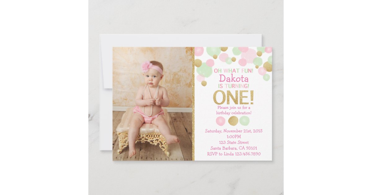 First Birthday Photo Invitation- Pink, Mint, Gold Invitation | Zazzle