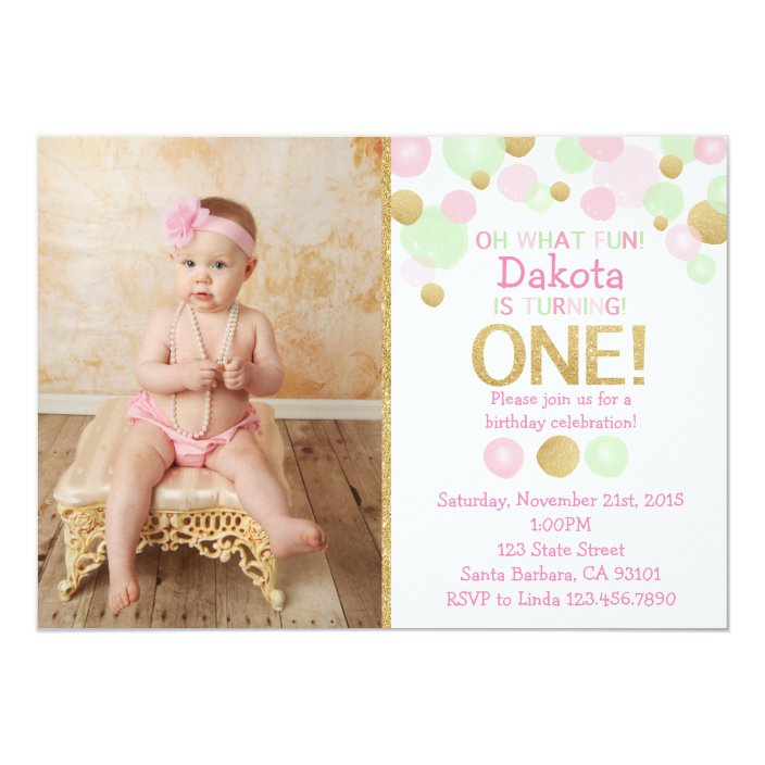 First Birthday Photo Invitation- Pink, Mint, Gold Invitation | Zazzle.com