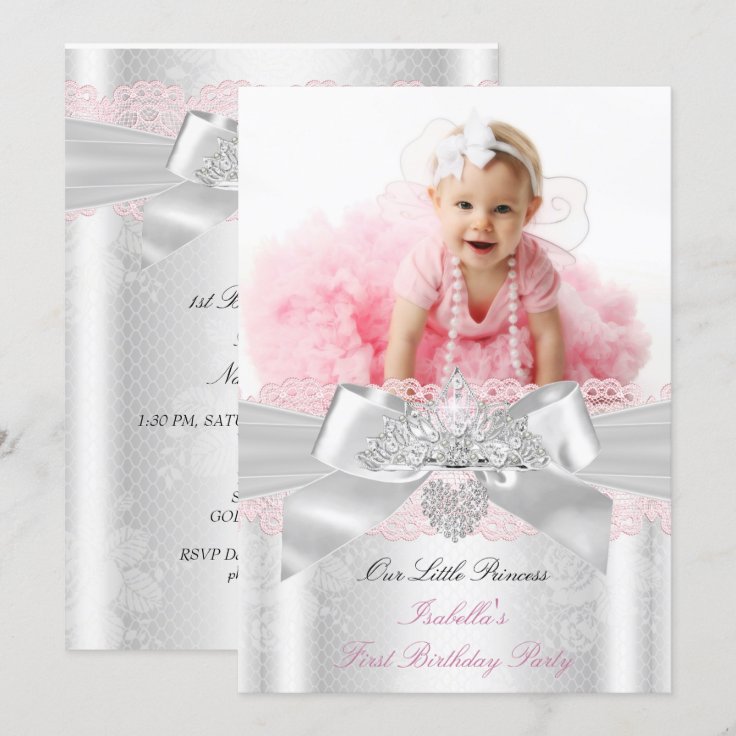 First Birthday Pink White Lace Diamond Tiara Invitation | Zazzle