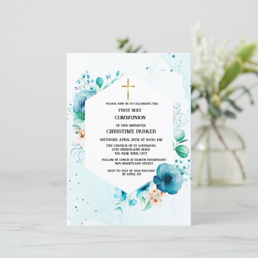 First catholic holy communion watercolor floral Invitation | Zazzle