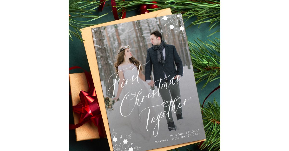 First Christmas 3 photos newlyweds wedding Holiday Card | Zazzle