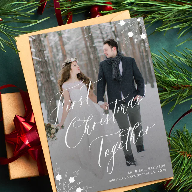 First Christmas 3 photos newlyweds wedding Holiday Card | Zazzle