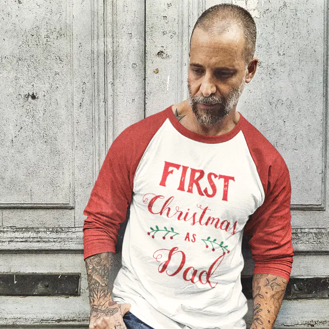 First Christmas as Dad family matching red text T-Shirt | Zazzle