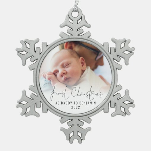 First Christmas As Daddy Name Photo Overlay Snowflake Pewter Christmas Ornament Zazzle 