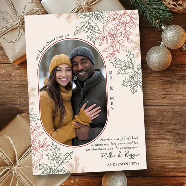 First Christmas as Mr and Mrs Oval Photo Holiday Card | Zazzle