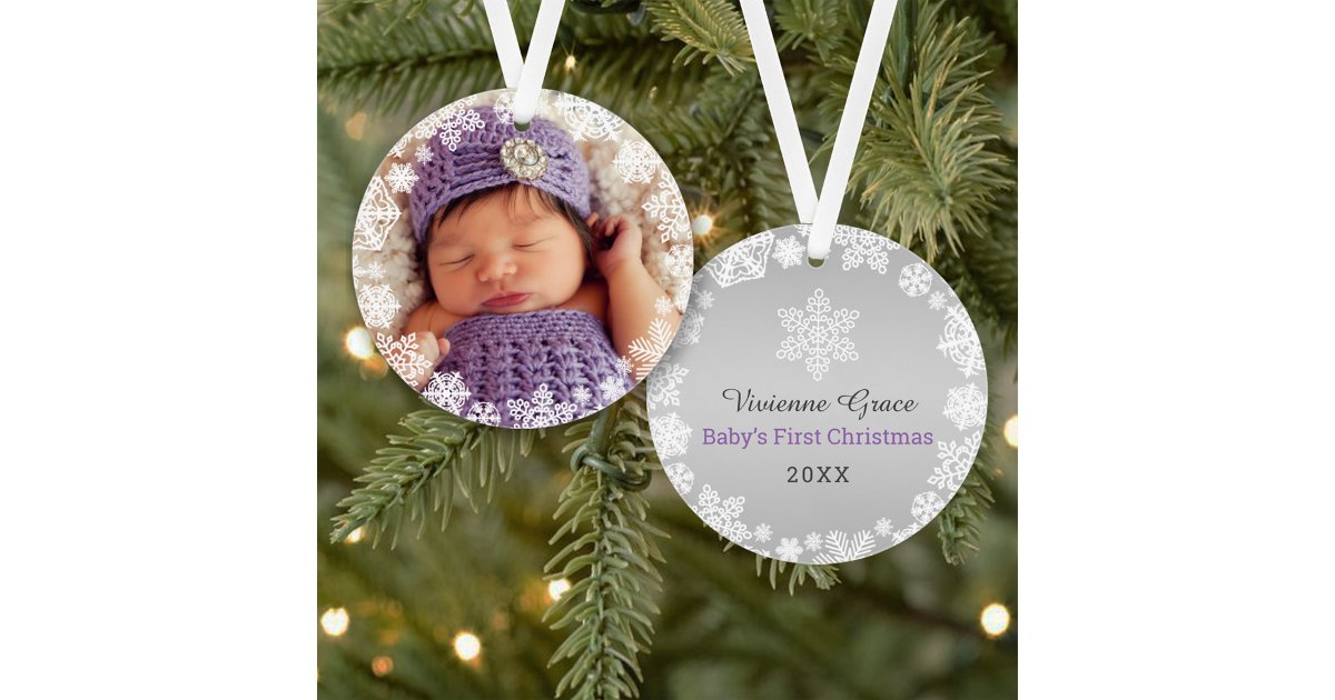 First Christmas Baby Girl Snowflake Frame Photo Ornament | Zazzle