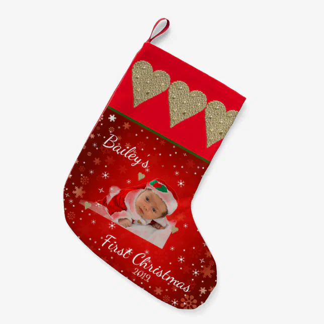 First Christmas Baby Photo Gold Heart Small Christmas Stocking | Zazzle