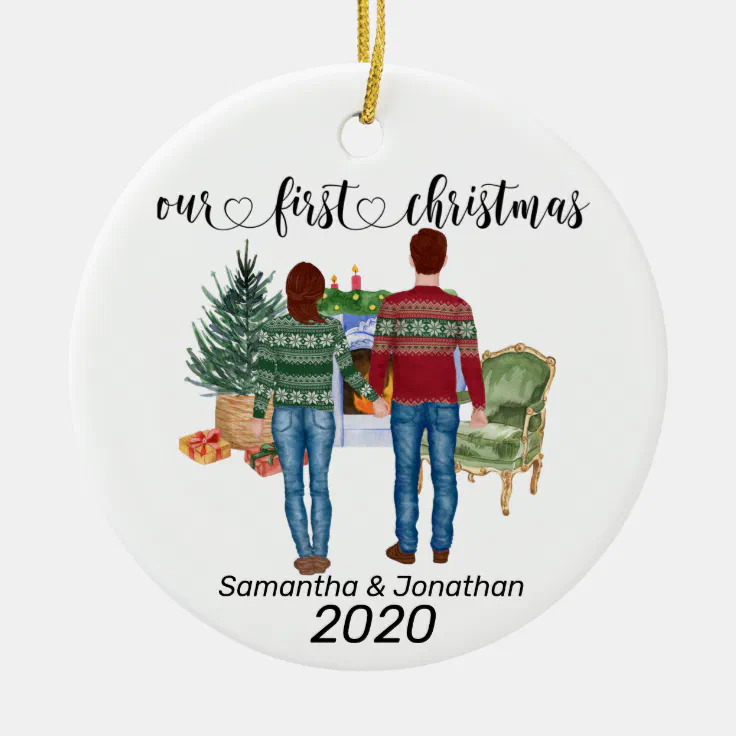 First Christmas Couple Brown Hair Newlyweds Ceramic Ornament | Zazzle