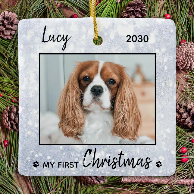 First Christmas Cute Puppy - Silver Dog Pet Photo Ceramic Ornament | Zazzle