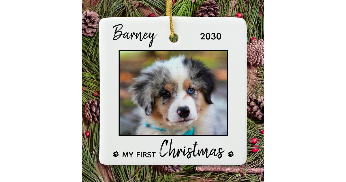First Christmas Cute Puppy - Simple Dog Pet Photo Ceramic Ornament | Zazzle