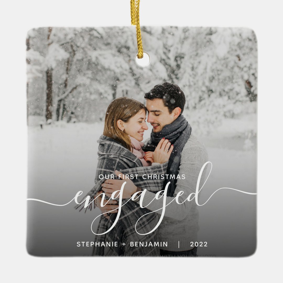 First Christmas Engaged Custom Photo White Script Ceramic Ornament | Zazzle