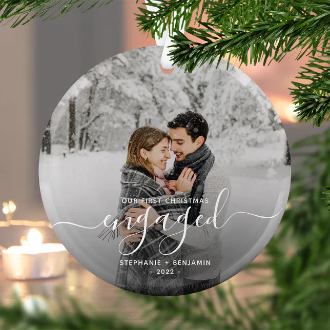 First Christmas Engaged Custom Photo White Script Glass Ornament | Zazzle
