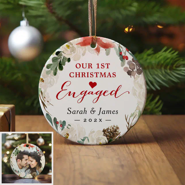 First Christmas Engaged Floral Wreath Photo Ceramic Ornament | Zazzle