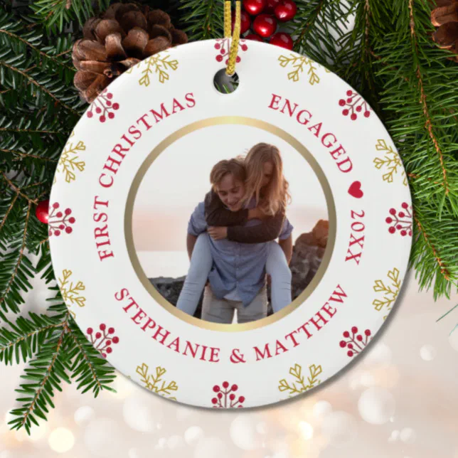 First Christmas Engaged Photo Festive Holiday Ceramic Ornament | Zazzle