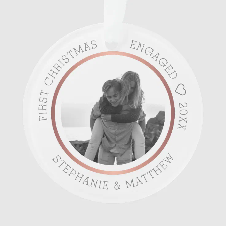 First Christmas Engaged Photo Modern Elegant Ornament | Zazzle