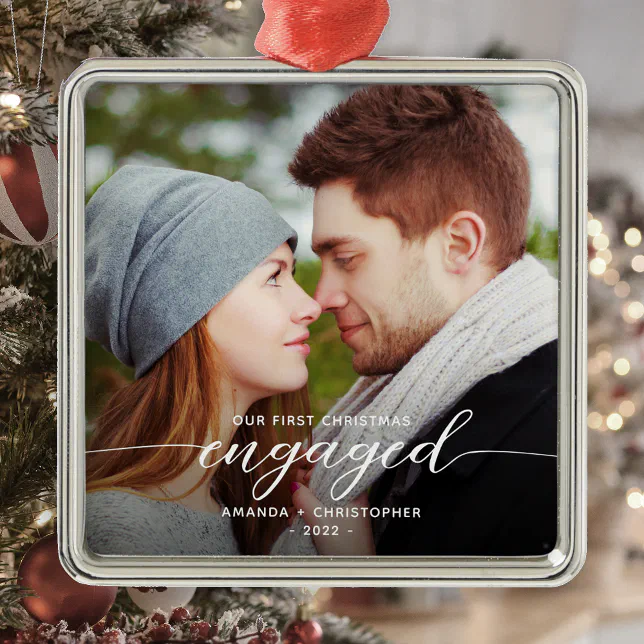First Christmas Engaged Photo Modern White Script Metal Ornament | Zazzle