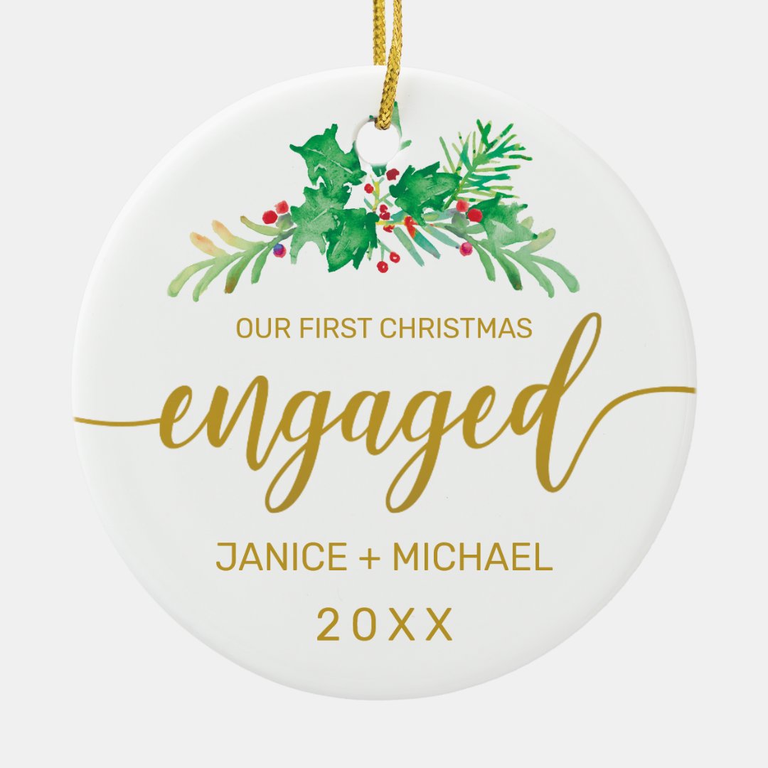 First Christmas Engaged Watercolor Holly Photo Ceramic Ornament | Zazzle