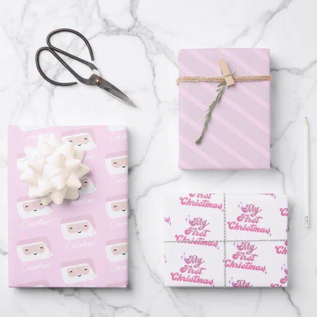First Christmas Girls Pink Custom Wrapping Paper Sheets | Zazzle