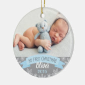 First Christmas Light Blue Baby Boy Photo Ceramic Ornament | Zazzle
