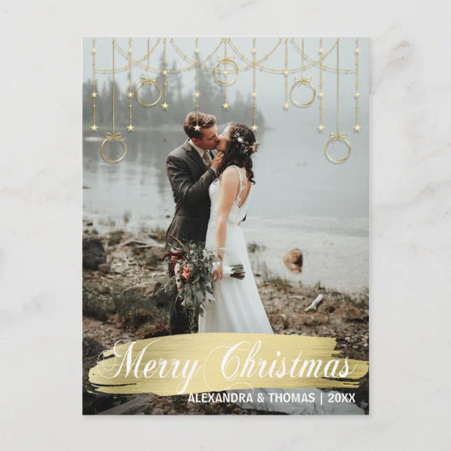 First Christmas Married Engaged Gold | PHOTO Holiday Postcard | Zazzle
