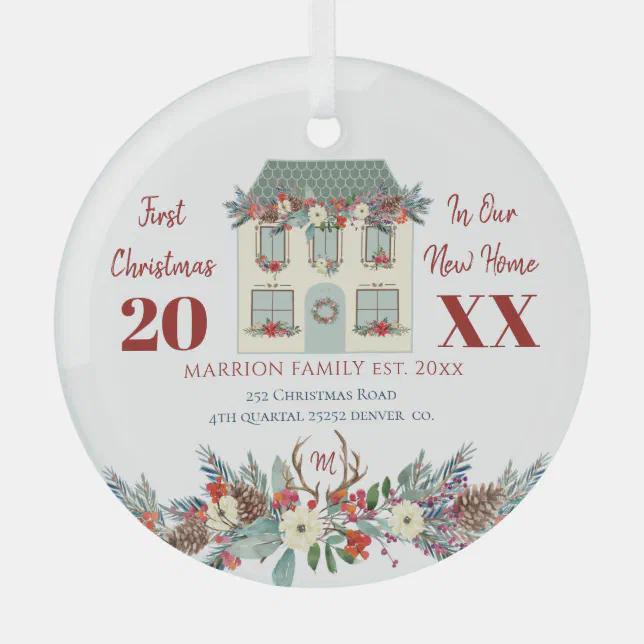 First Christmas new home family rustic Glass Ornament | Zazzle