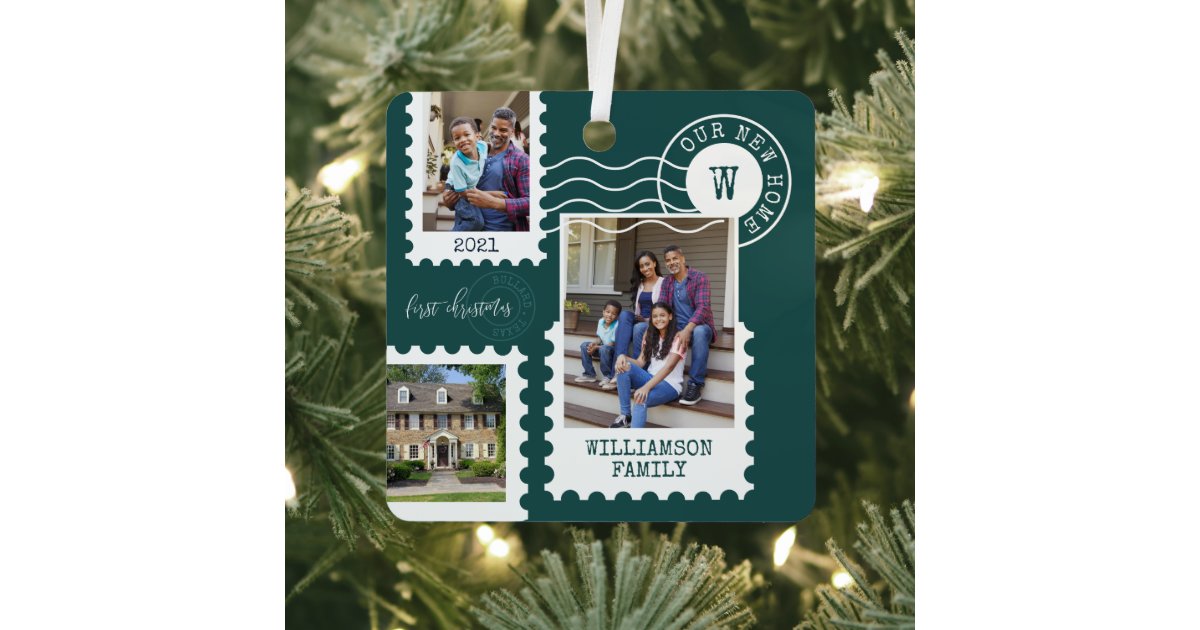 First Christmas New Home Fun Postage Stamp Photos Metal Ornament | Zazzle