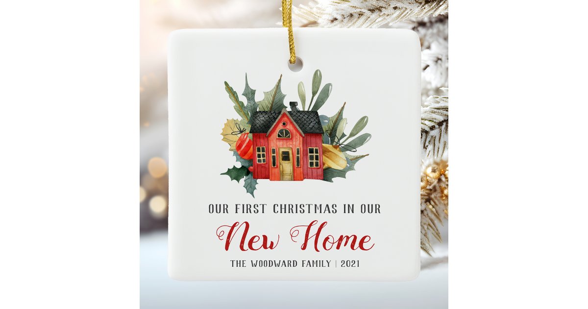 First Christmas New Home Watercolor House Red Ceramic Ornament | Zazzle