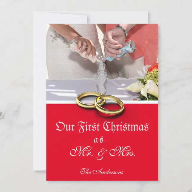First Christmas Newly Married Photo and Rings Holiday Card | Zazzle