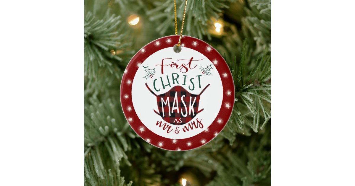 First ChristMASK as Mr and Mrs Buffalo Check Photo Ceramic Ornament ...