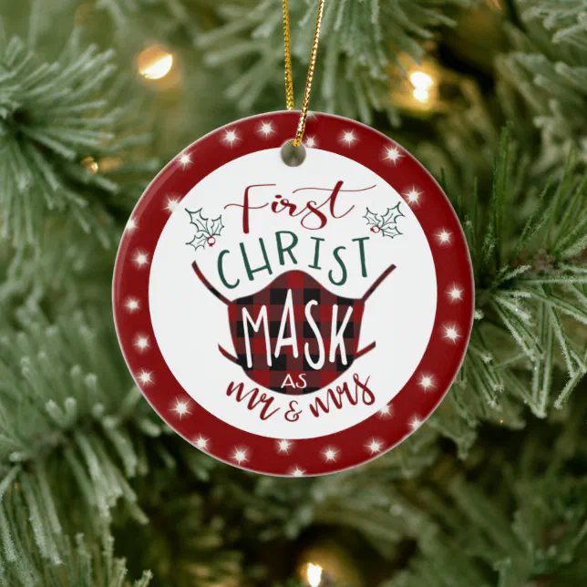First ChristMASK as Mr and Mrs Buffalo Check Photo Ceramic Ornament ...