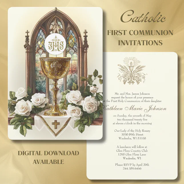 First Communion Altar Chalice Host White Roses Invitation | Zazzle
