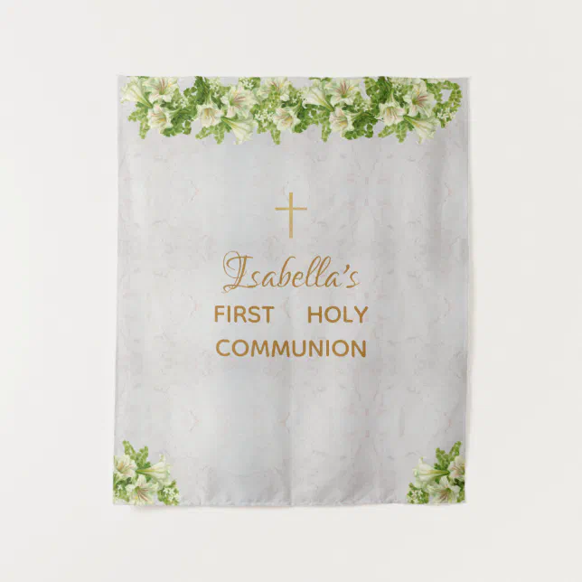 First Communion Backdrop Marble Gold Cross Lilies | Zazzle