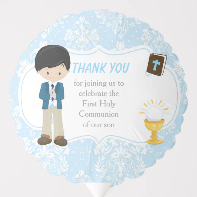 First Communion Black Hair Boy Thank You Balloon | Zazzle
