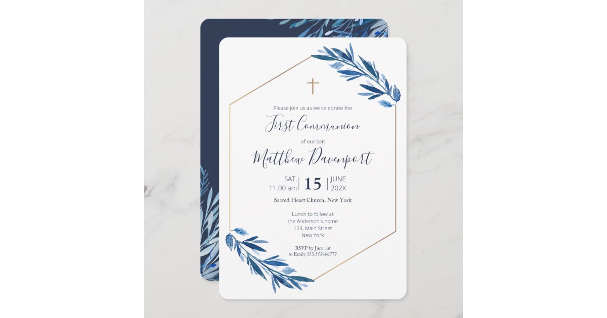 First Communion Blue foliage Invitation | Zazzle