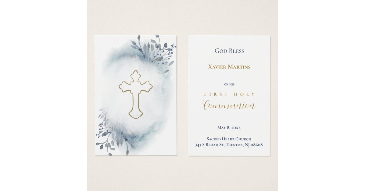 First Communion blue foliage remembrance card | Zazzle