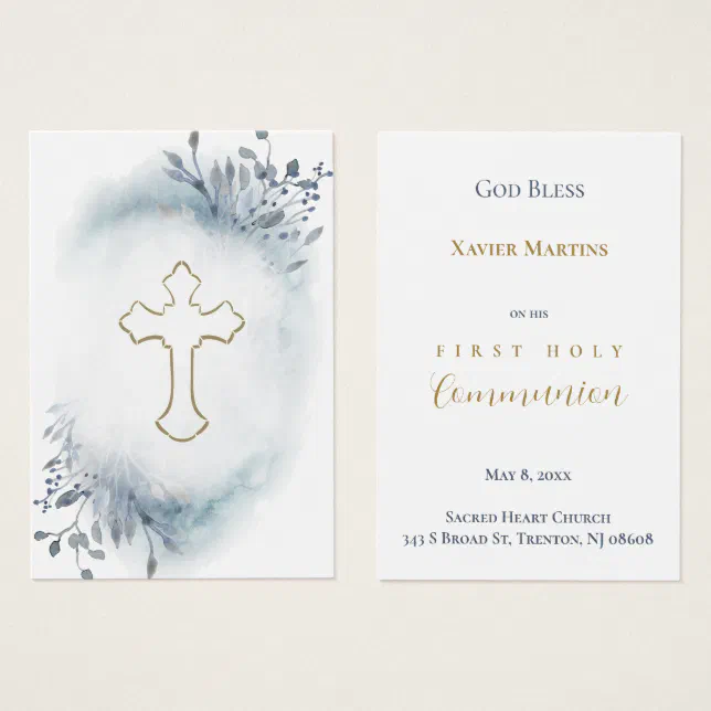 First Communion blue foliage remembrance card | Zazzle