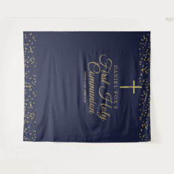 First Communion Blue Gold Photo Backdrop | Zazzle