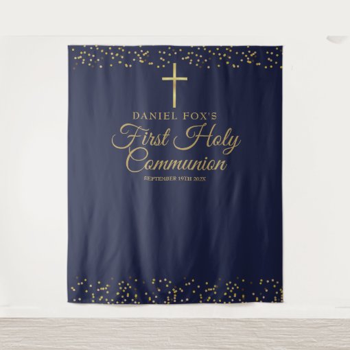 First Communion Blue Gold Photo Backdrop | Zazzle