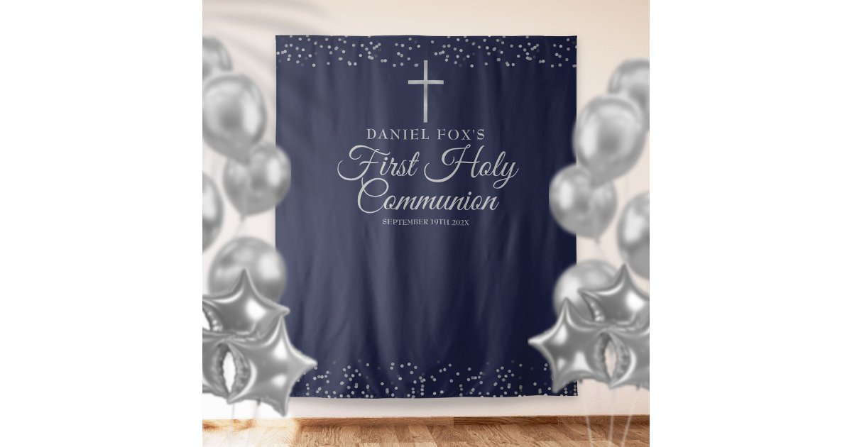 First Communion Blue Silver Photo Backdrop | Zazzle