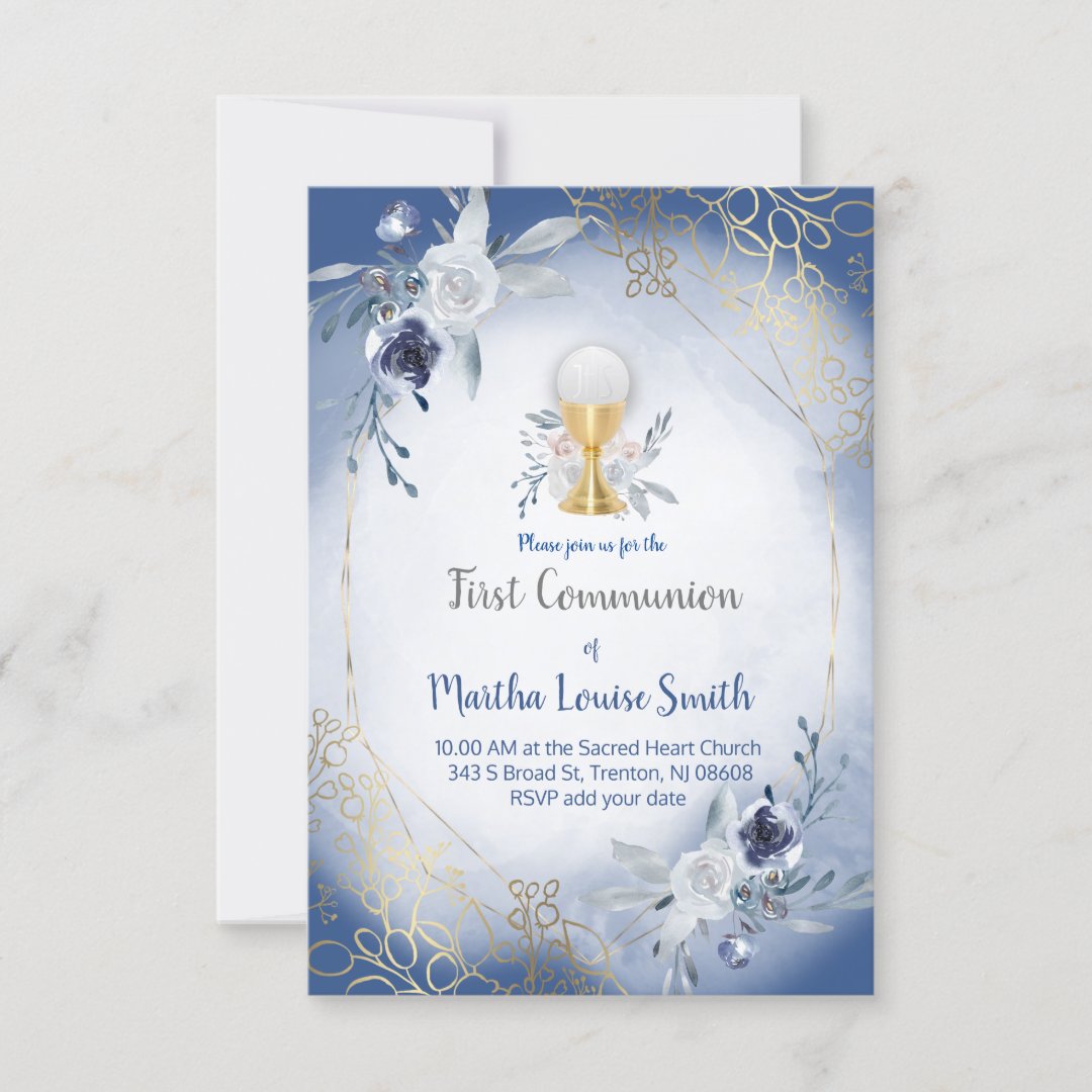 first communion blue watercolor flowers invitation | Zazzle