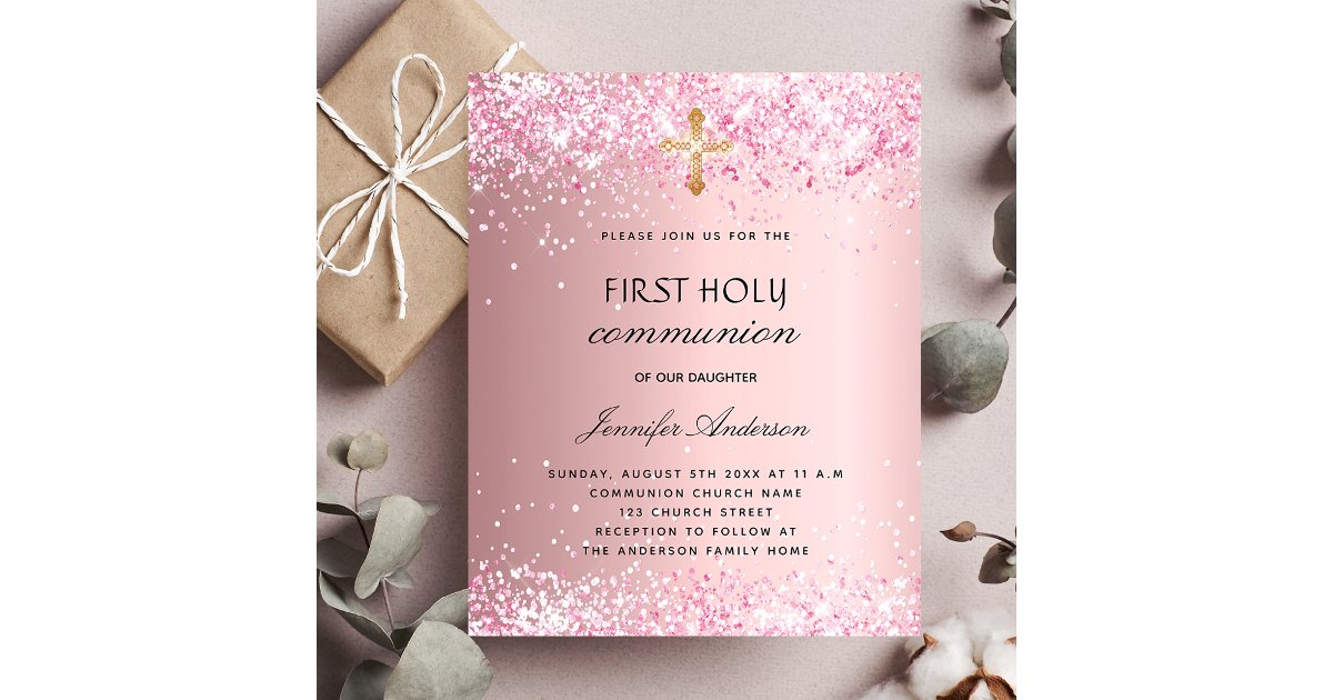 First communion blush pink girl budget invitation | Zazzle
