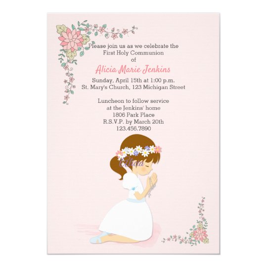First Communion Brunette Girl Pink Invitation | Zazzle.com