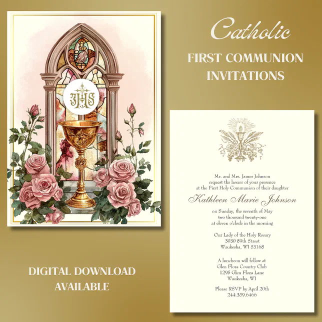 First Communion Chalice Host Rose Floral Invitation | Zazzle