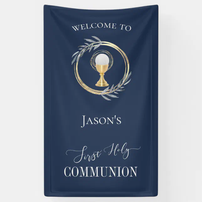 First Communion classic blue and faux gold circle Banner | Zazzle