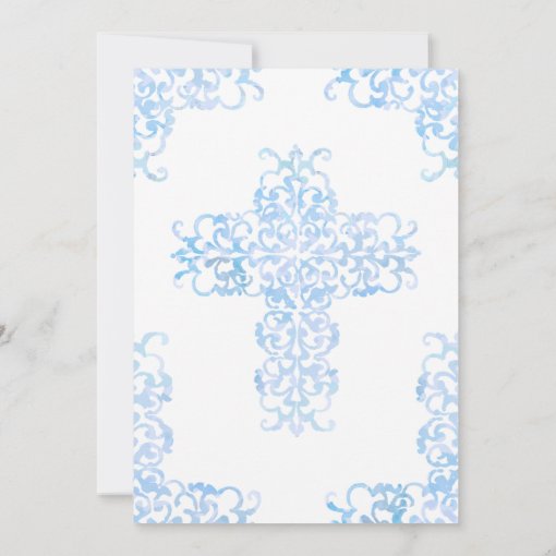 First Communion Cross Blue Damask Christian Boy Invitation | Zazzle