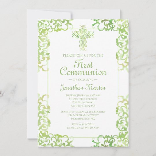 First Communion Cross Green Damask Christian Boy Invitation | Zazzle.com