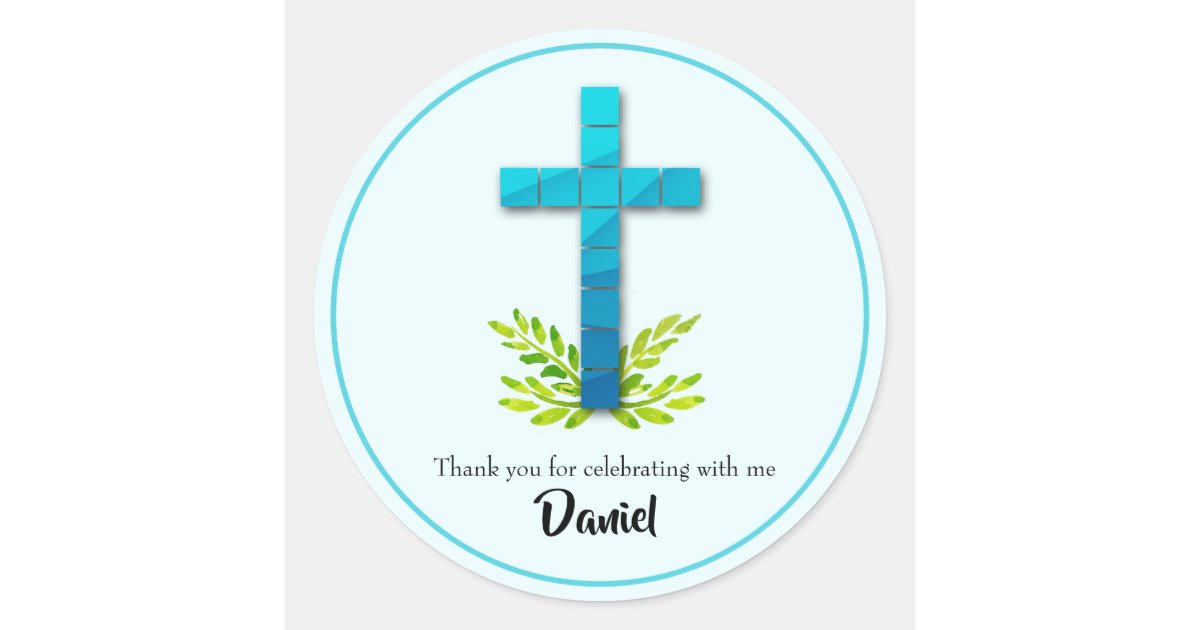 First Communion Cross on Blue Classic Round Sticker | Zazzle