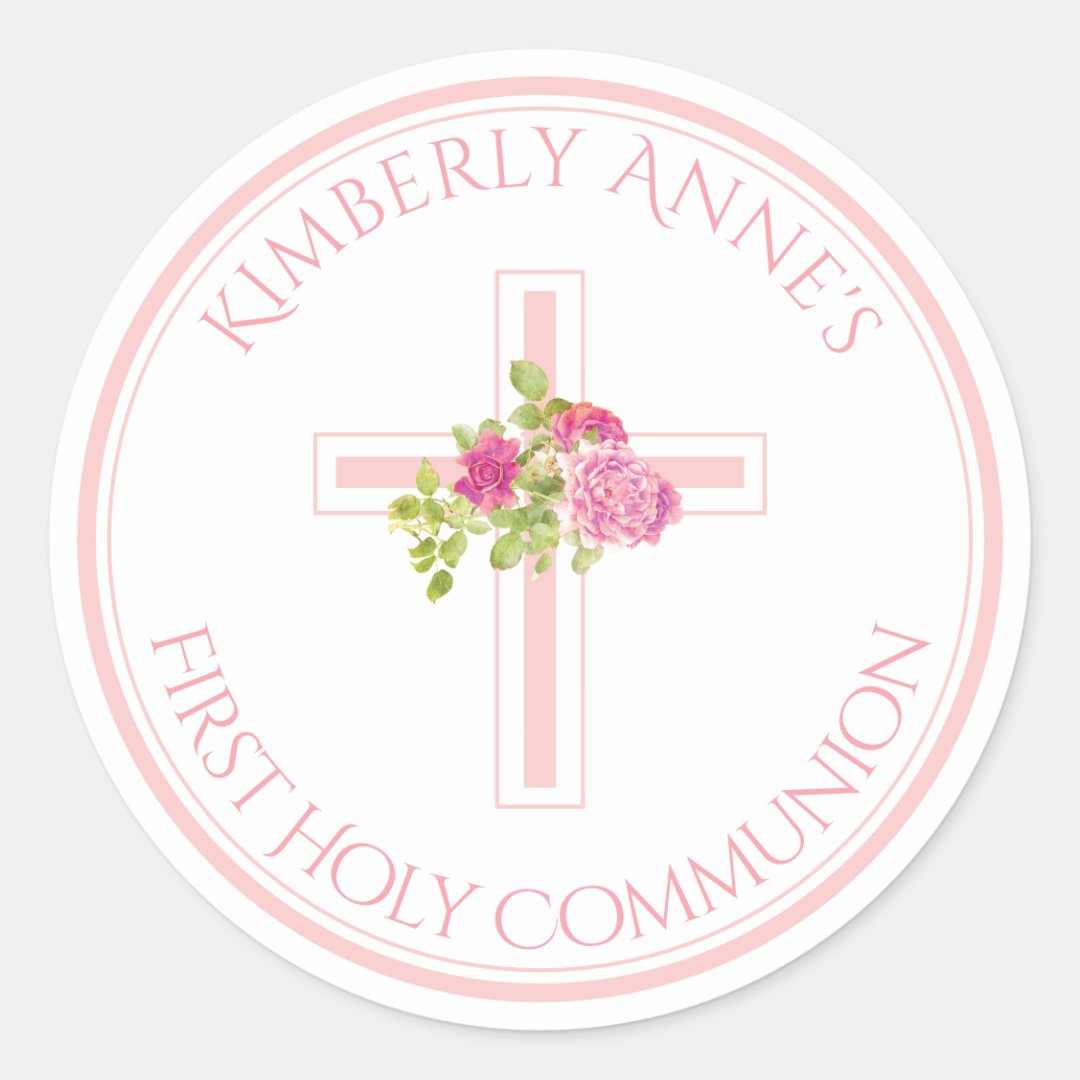 First Communion Cross Pink Roses Monogrammed Name Classic Round Sticker ...